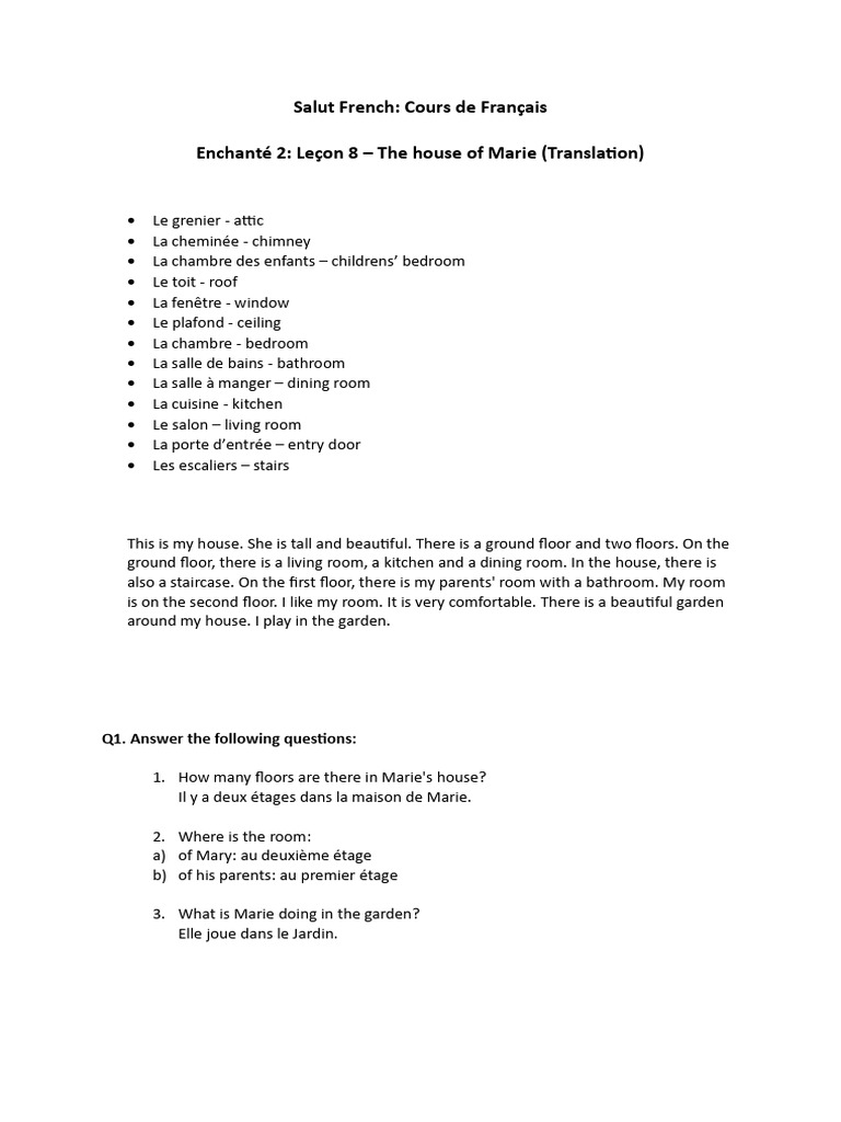 ENCHANTE 2 LECON 8 TRANSLATION | PDF