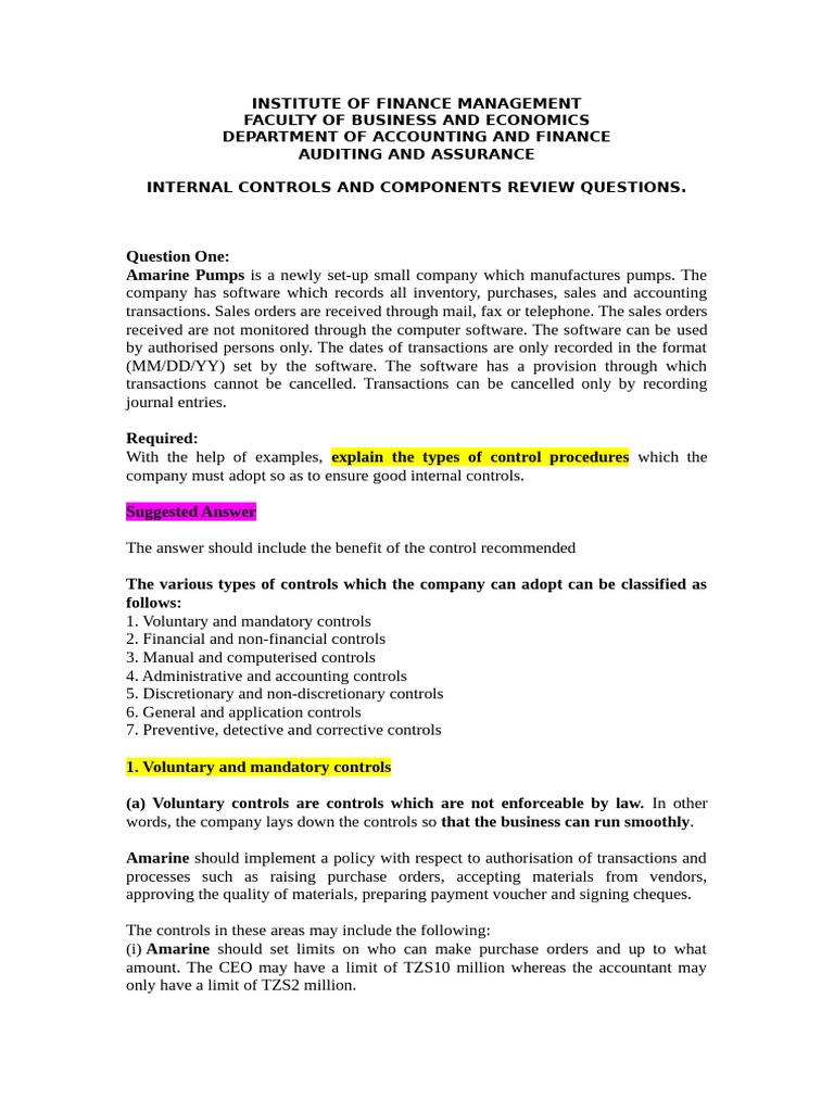 INTERNAL CONTROL REVIEW Q AND A | PDF | Internal Control | Audit