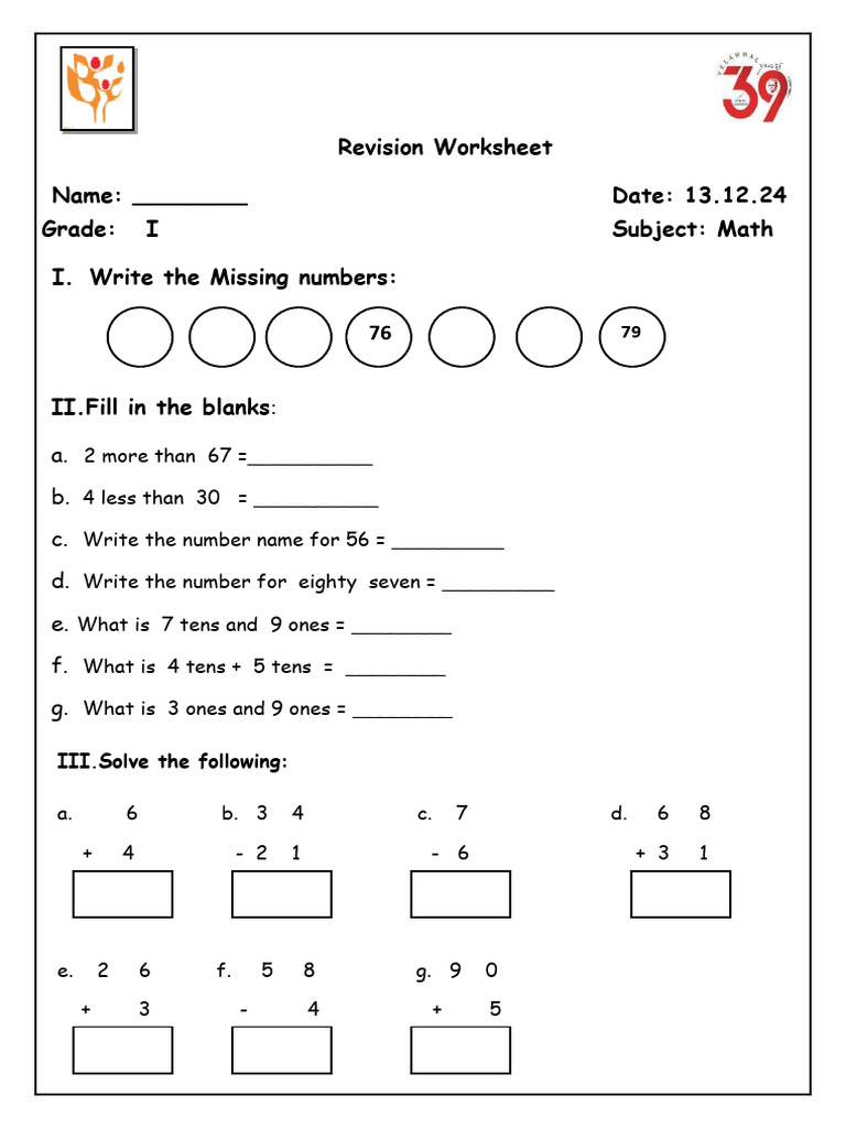 GRADE 1 - Math - Revision Worksheet - 13.12.24 | PDF