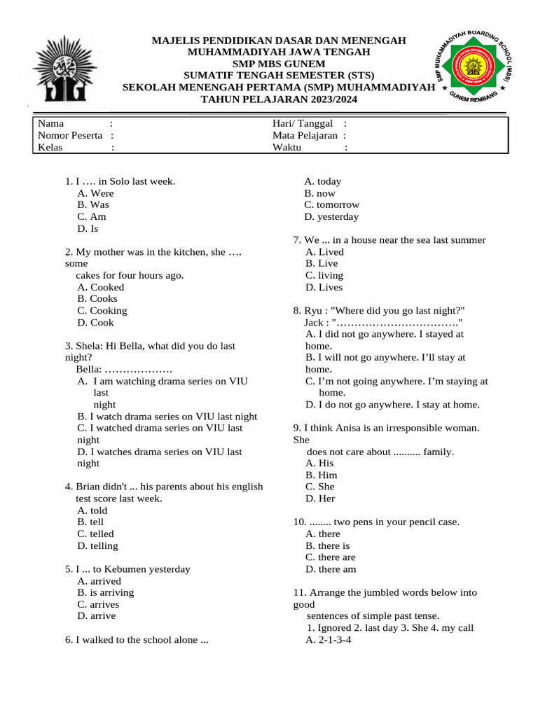 Soal PTS Kls 8 SMT 1 KURMER | PDF