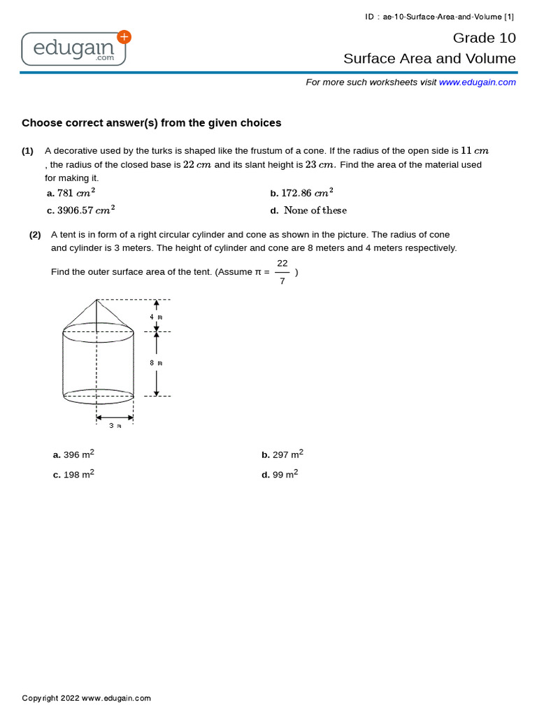 Grade 10 Surface Area and Volume Ae | PDF | Area | Sphere