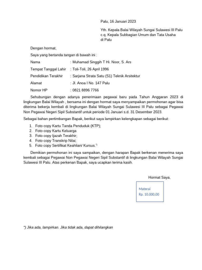 Format Lamaran Non PNS | PDF