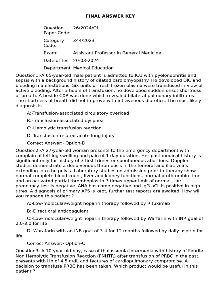 Assistant Professor Medicine Exam Key | PDF | Medical Specialties ...