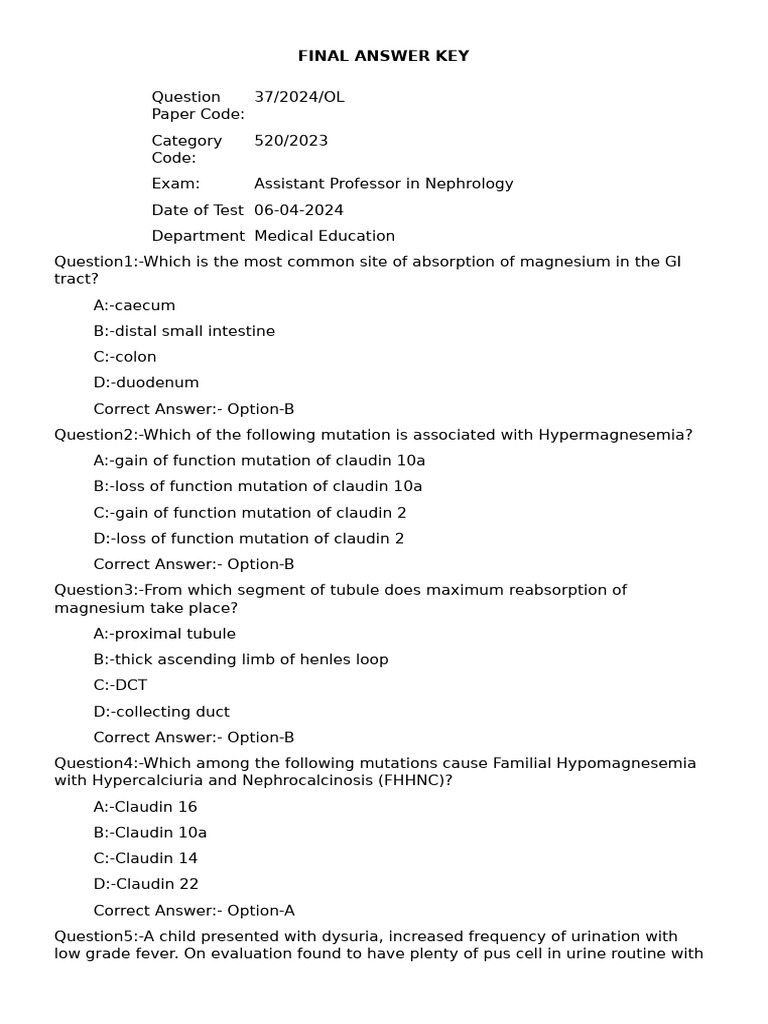 Final Answer Key - Asst Professor Nephrology | PDF | Hemodialysis | Clinical Medicine