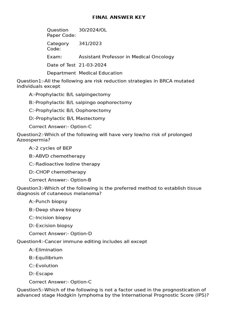 Final Answer Key - Asst. Professor Medical Oncology | PDF | Cancer ...