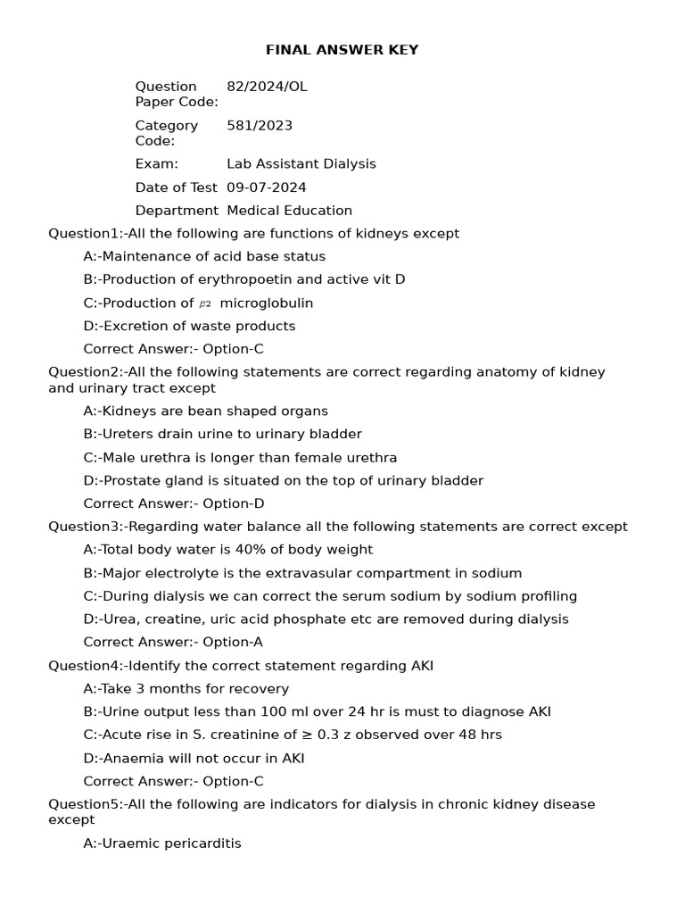 Final Key Lab Assistant Dialysis | PDF | Hemodialysis | Catheter