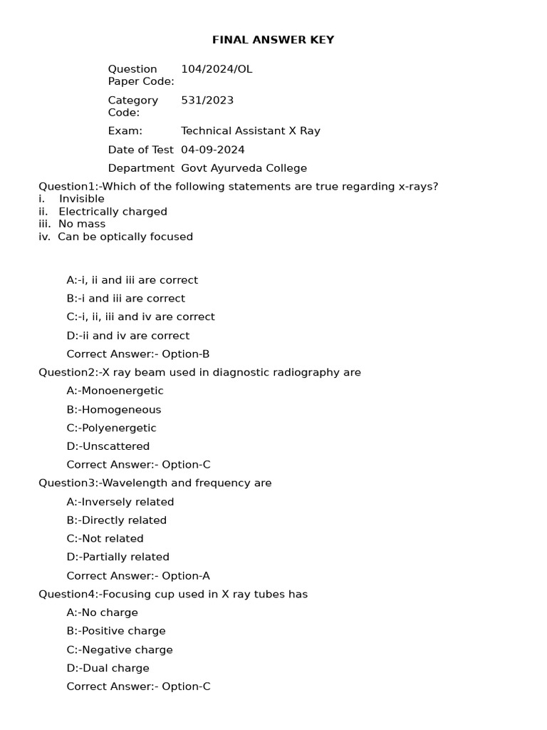 X-Ray Technical Assistant Exam Key | PDF | Radiation Therapy | Electron