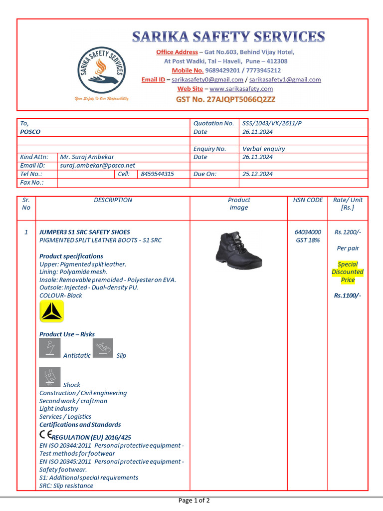 POSCO. - Safety Shoes - 26.11.2024 (1) | PDF | Shoe | Footwear