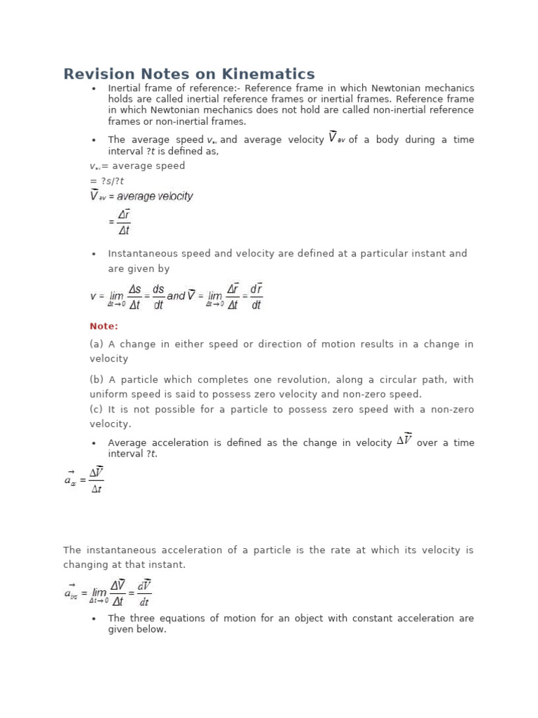 Revision Notes On Kinematics | PDF | Acceleration | Velocity