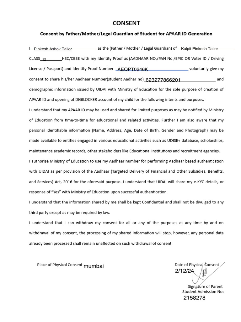 Parent Consent for APAAR ID Generation | PDF | Access Control | Authentication