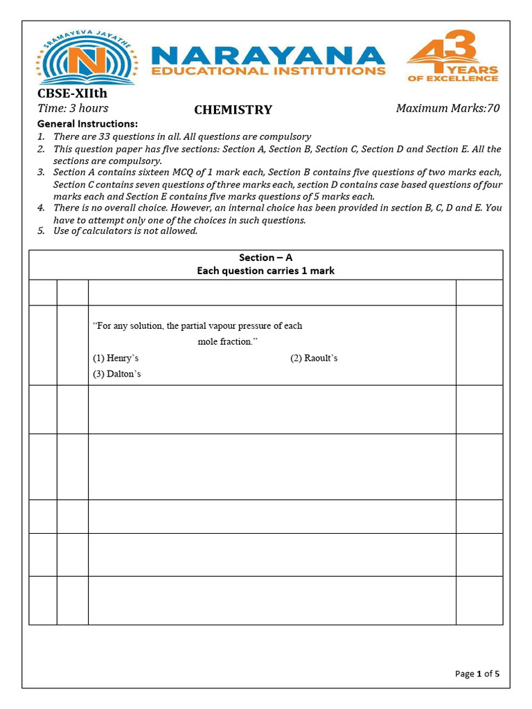 Class Xii Cbse Chemistry QP | PDF | Applied And Interdisciplinary ...