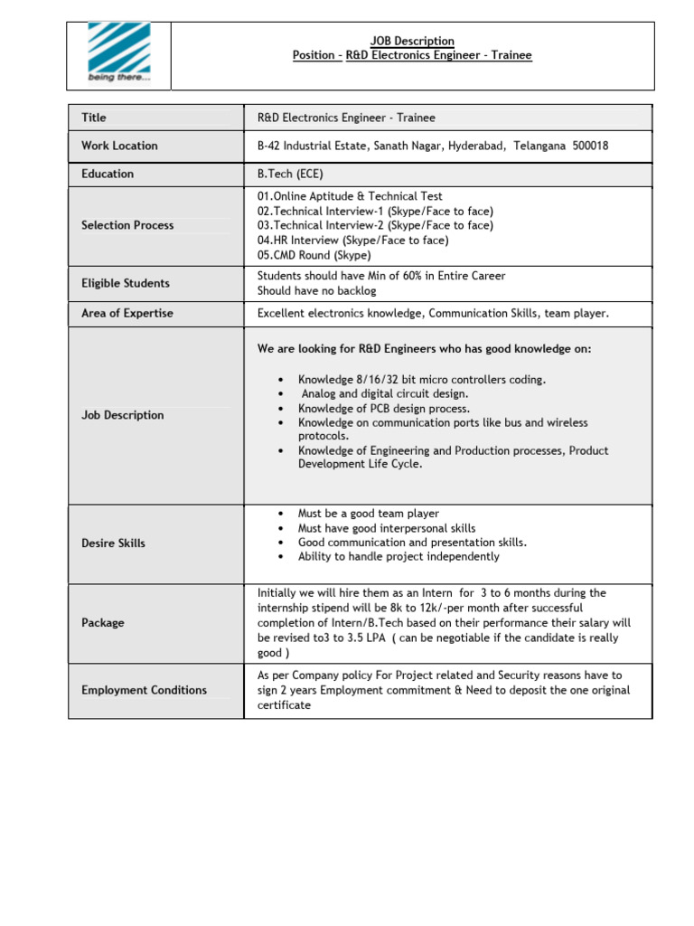 R&D Electronics Engineer - Trainee JD | PDF