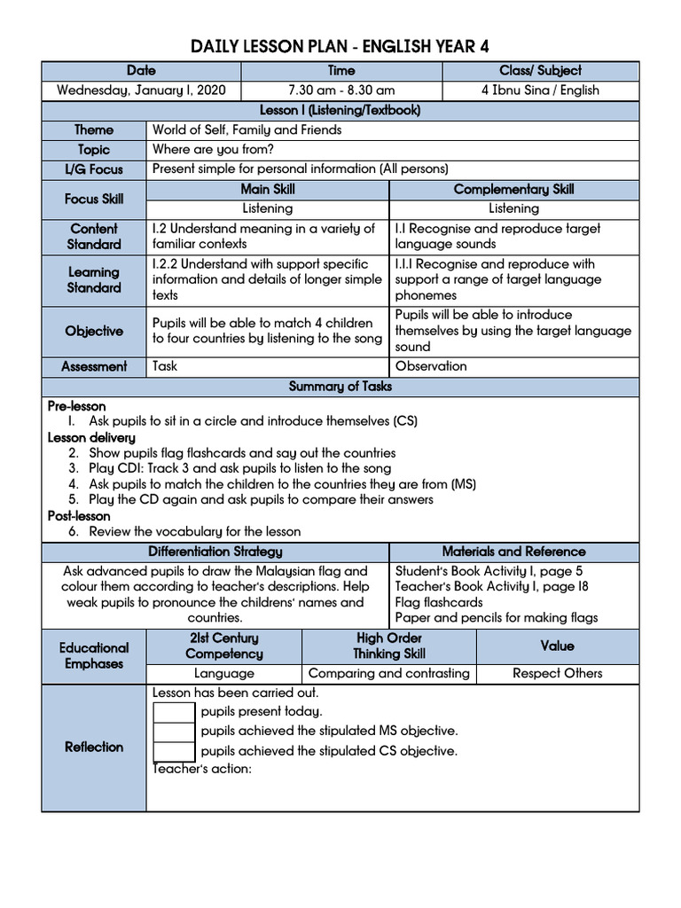 RPH Year 4 Week 2 L3, L4, L5 | PDF | Lesson Plan | English Language