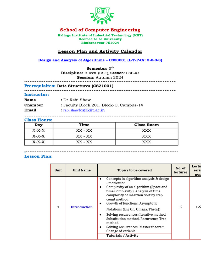 Autumn 2024 CS30001 DAA Complete Lesson Plan - Section CSE-XX | PDF ... Autumn 2024 CS30001 DAA Complete Lesson Plan - Section CSE-XX | PDF ...