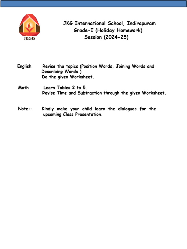 Grade 1 Holiday Homework 2024-25 | PDF