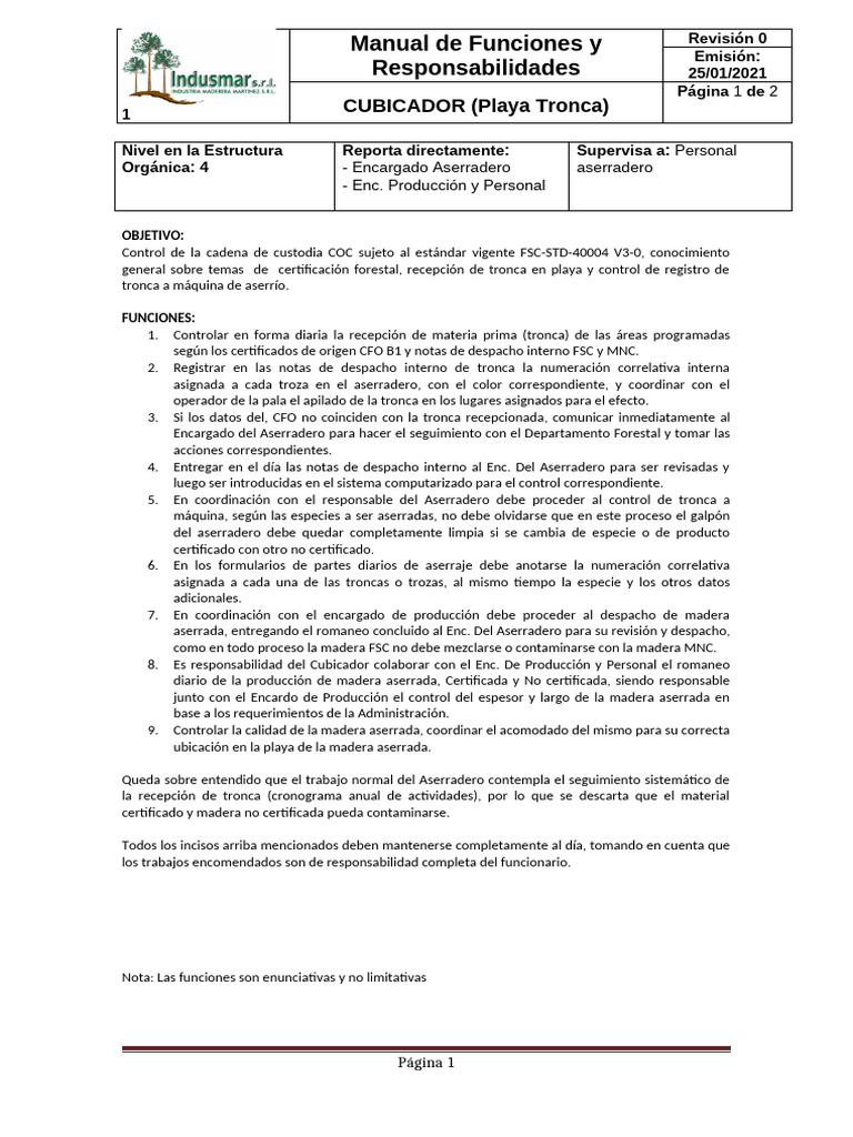 (3) MANUAL DE FUNCIONES ENC_PLAYA TRONCA | PDF | Aserradero | Consejo ...