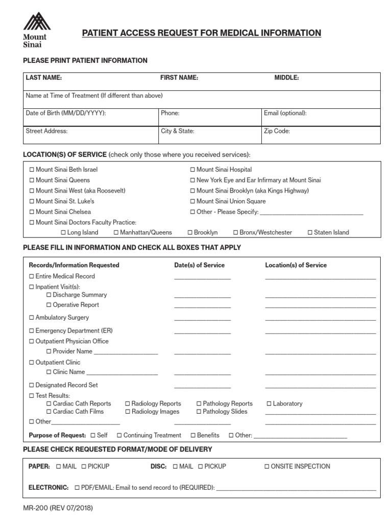 MR 200MSHSPatientAccessRequest | PDF | Medical Record | Patient