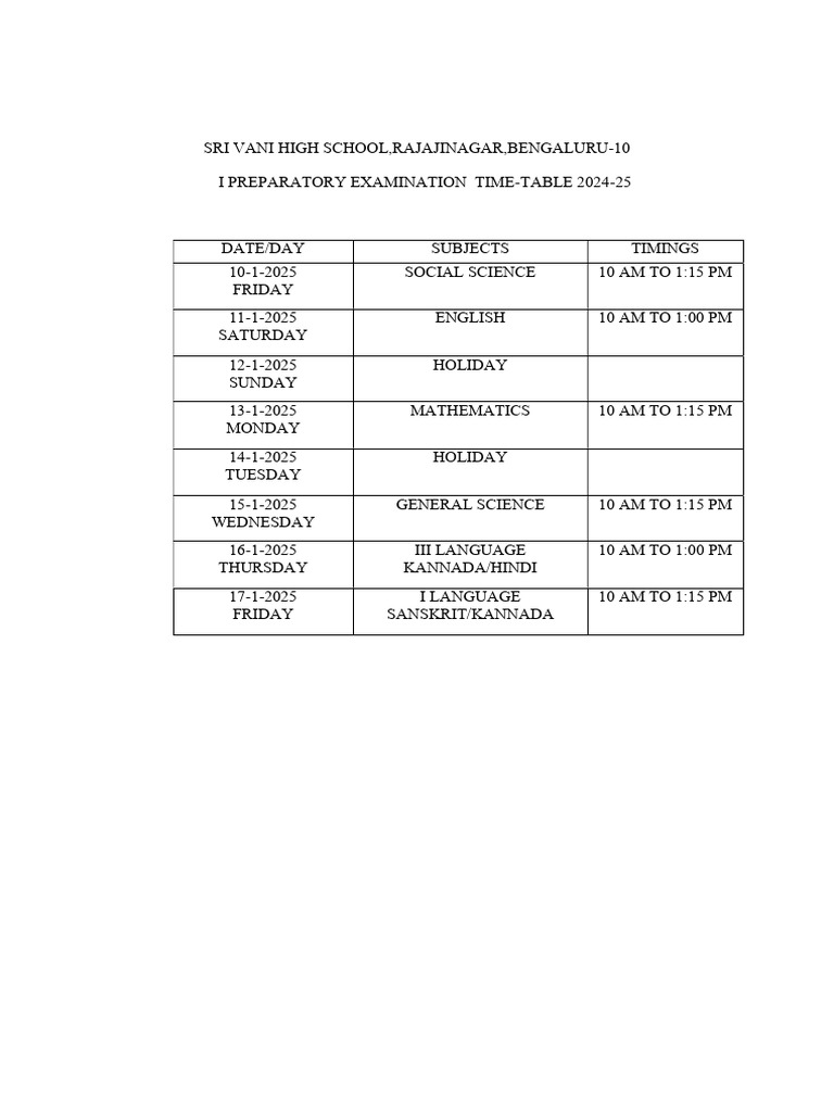 I Preparatory Time Table | PDF