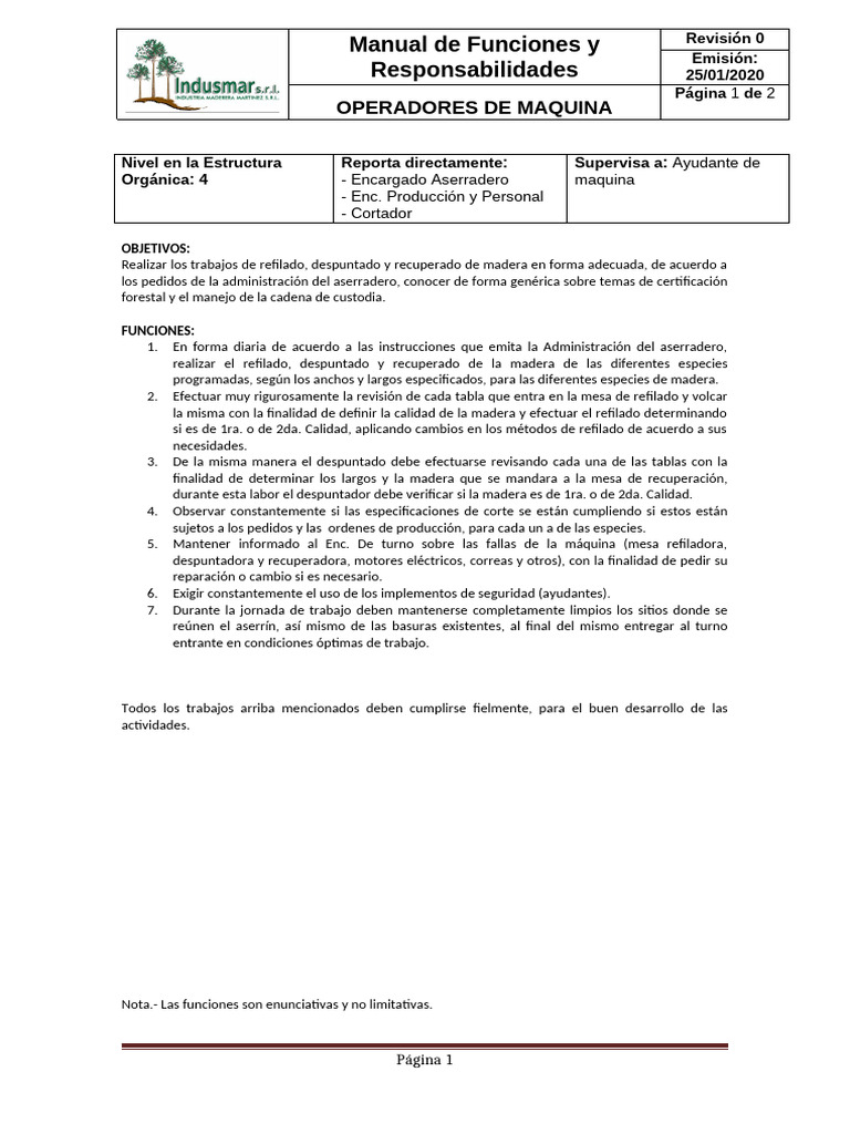 Manual de Funciones Operadores de Maquina | PDF