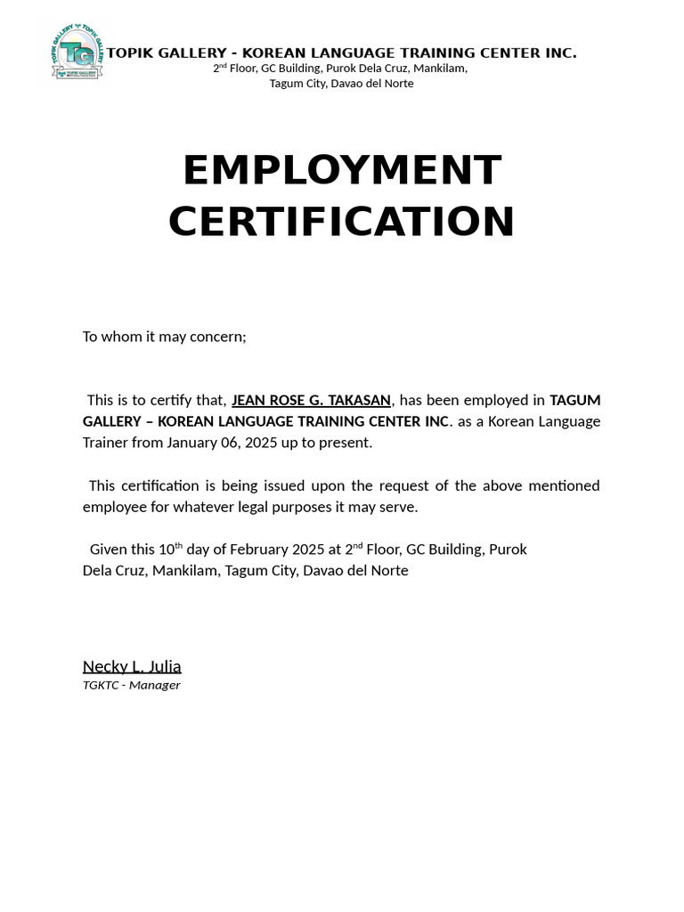 Employment Certification | PDF