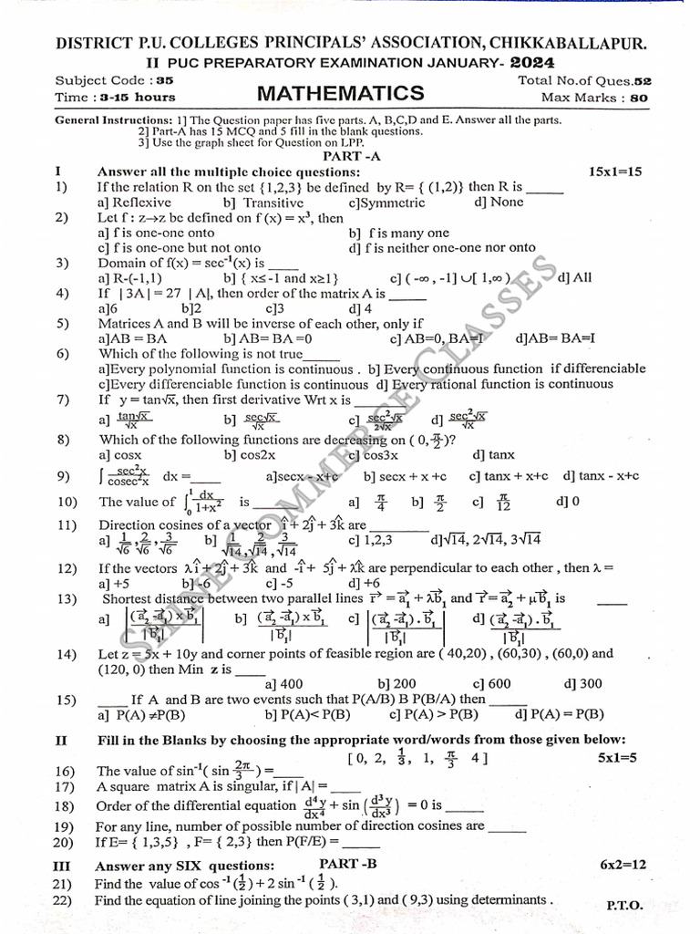 35 Mathematics Preparatory Question Papers 2024 | PDF
