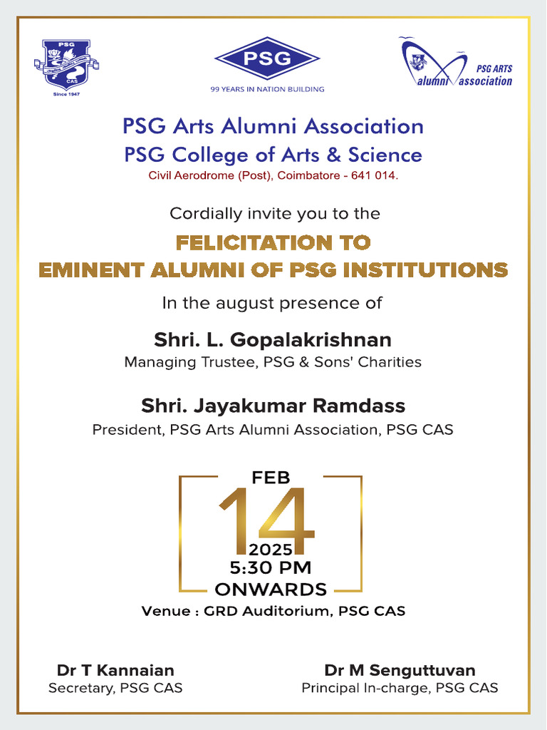 PSG Alumni Felicitation 2025 Invitation | PDF