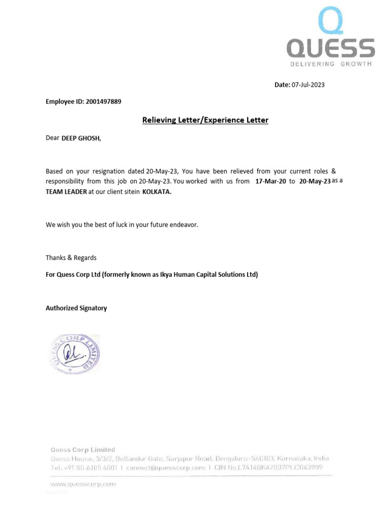 Quess Corp Relieving & Experience Letter | PDF