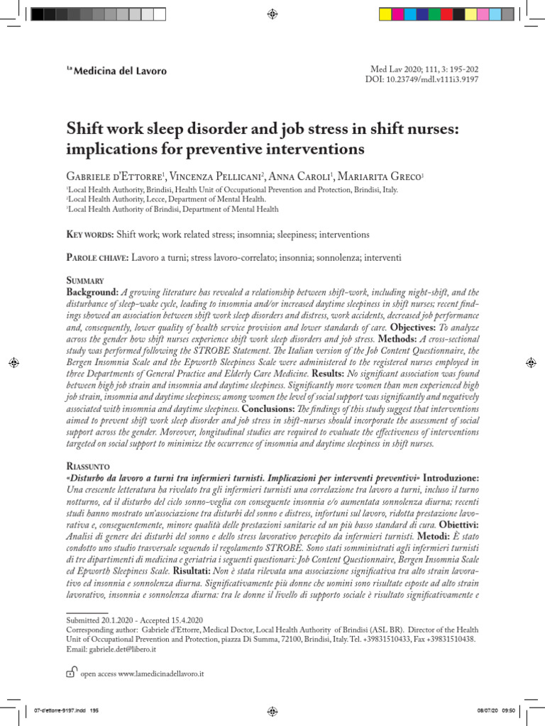 Shift Work Sleep Disorder and Job Stress in Shift Nurses | PDF | Shift Work | Sleep Disorder