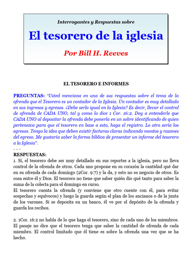 Funciones y Responsabilidades del Tesorero de la Iglesia | PDF | Bancos ...
