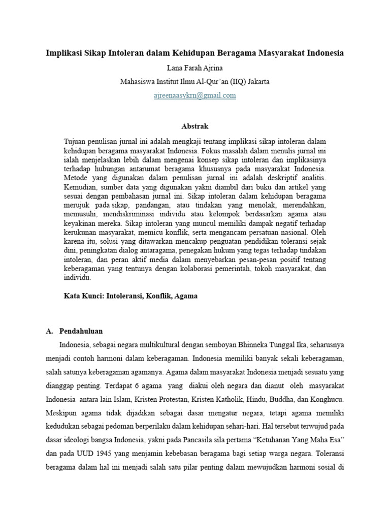 Implikasi Sikap Intoleran Dalam Kehidupan Beragama Masyarakat Indonesia | PDF