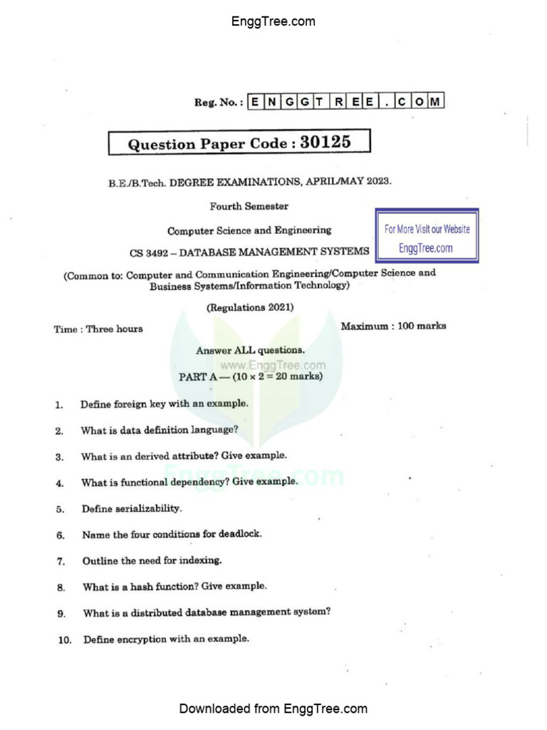 CS3492 Database Management Systems Apr May 2023 Question Paper Download | PDF