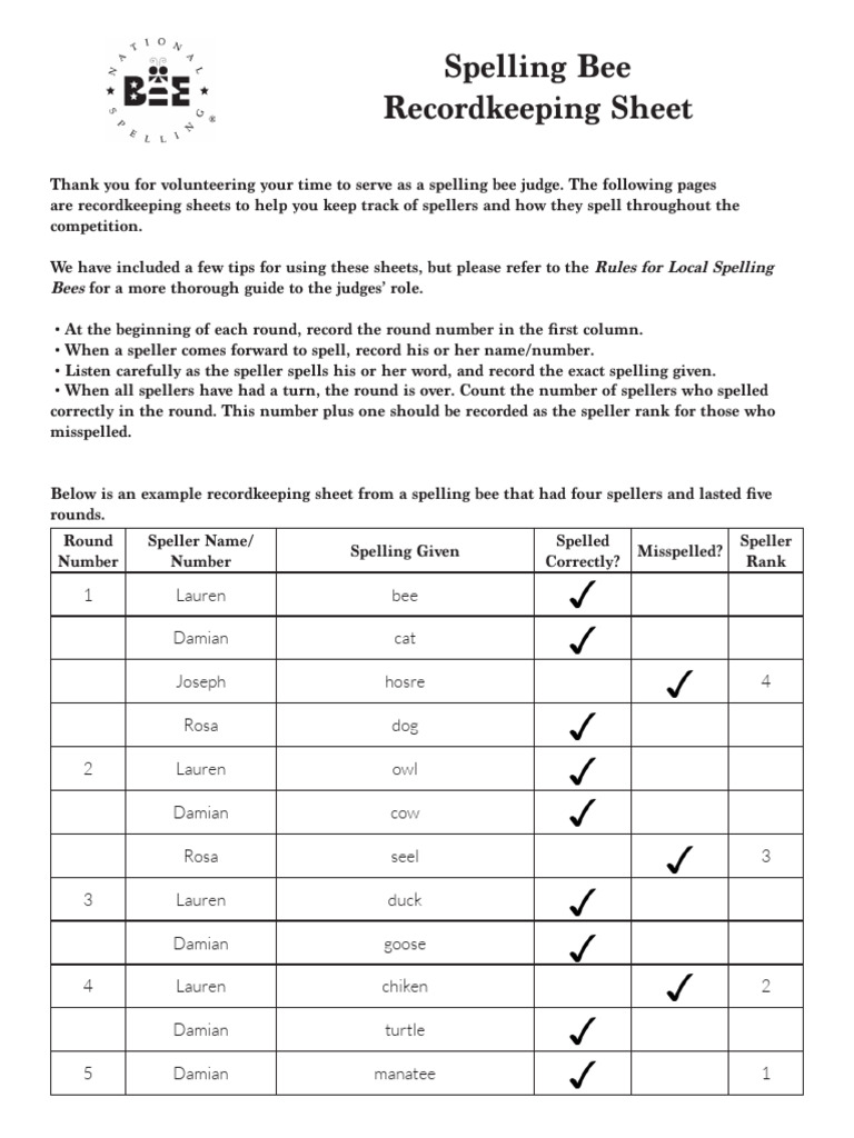 Spelling Bee Judges' Score Sheet | PDF