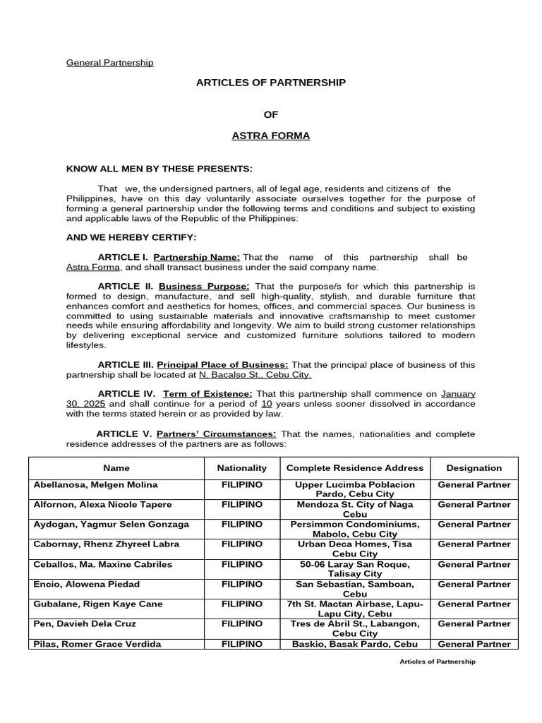Articles of Partnership For General Partnerships | PDF