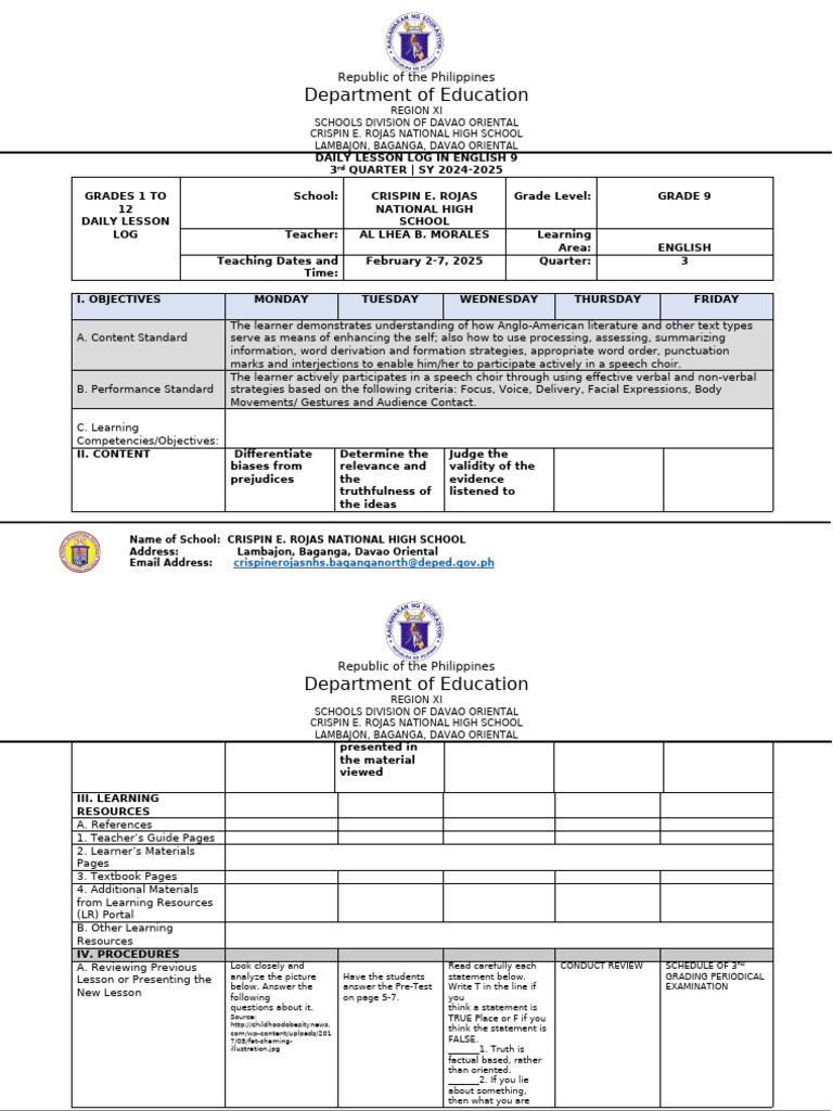 3rd Quarter English DLL - 2024-2025 | PDF | Nonverbal Communication | Truth