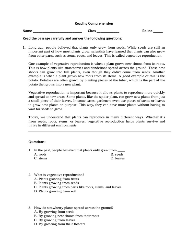 Reading Comprehension Class 5 | PDF | Plants | Strength Training