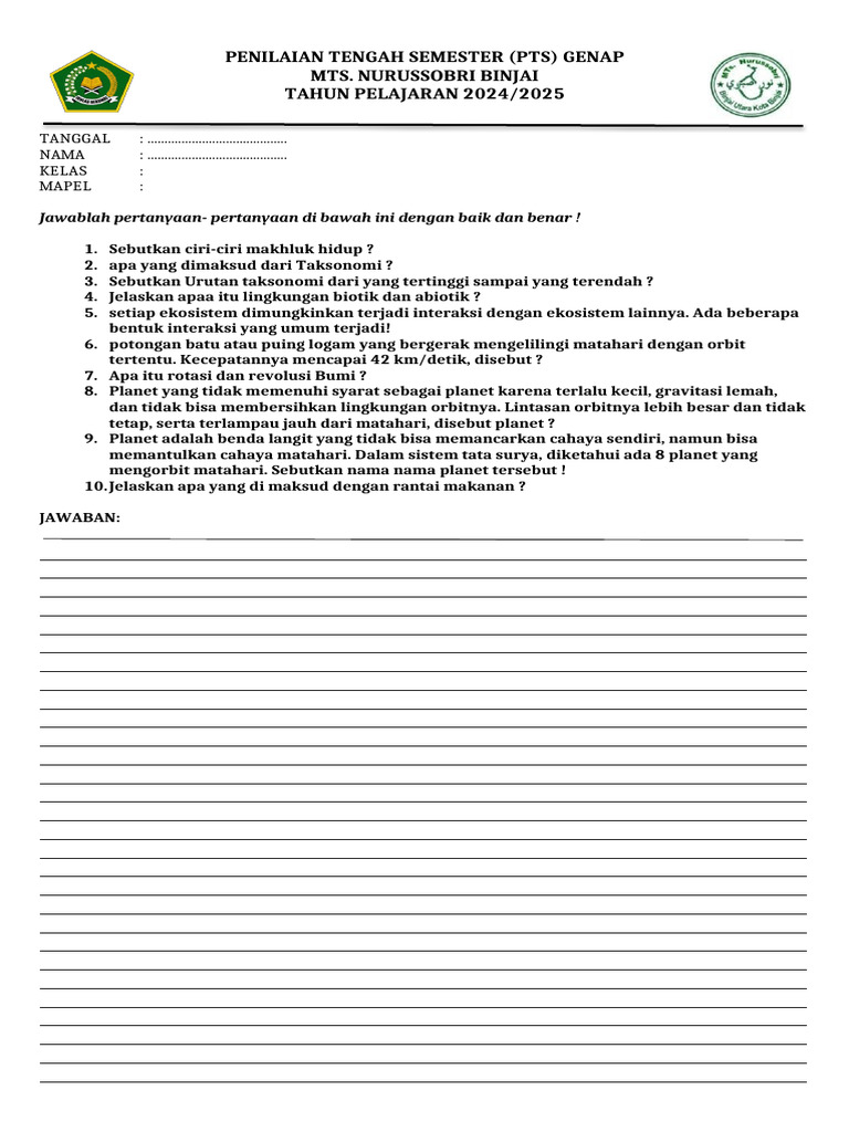 Kop Soal UTS Kelas 7 2025 | PDF