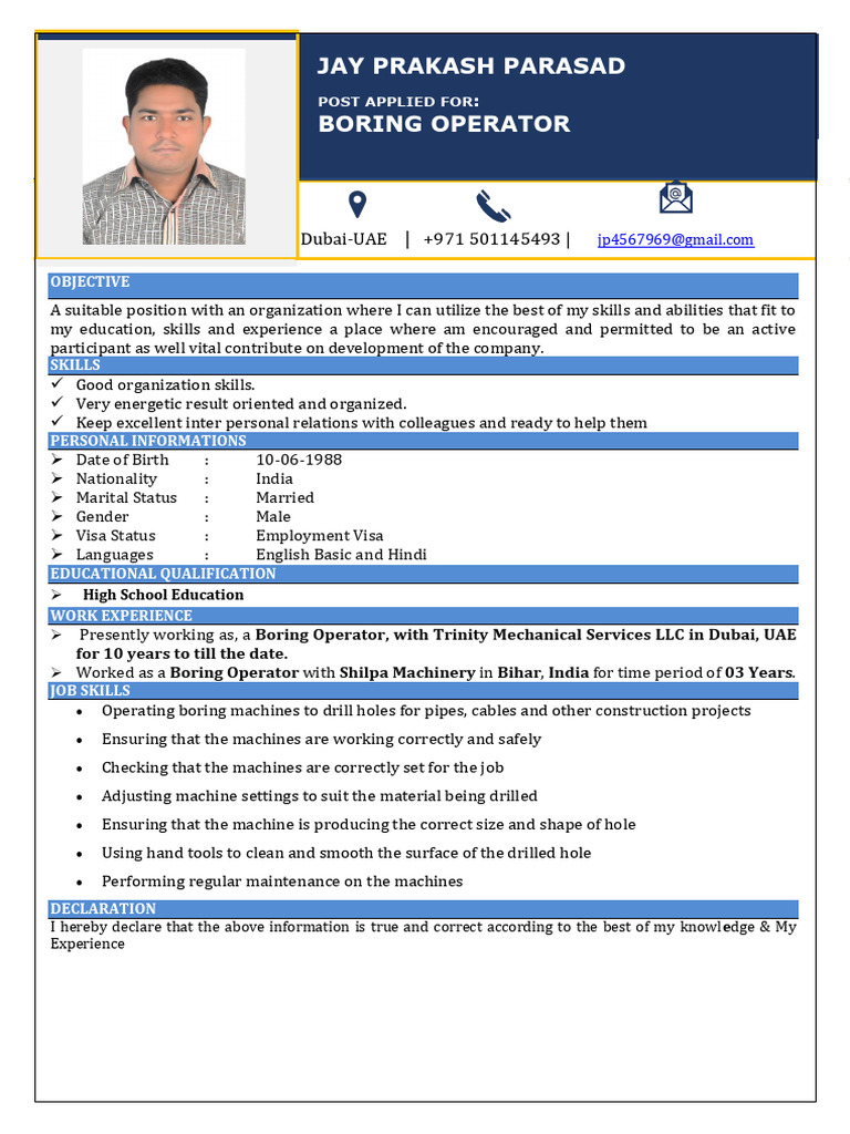 JAY PRAKASH - boring operator | PDF