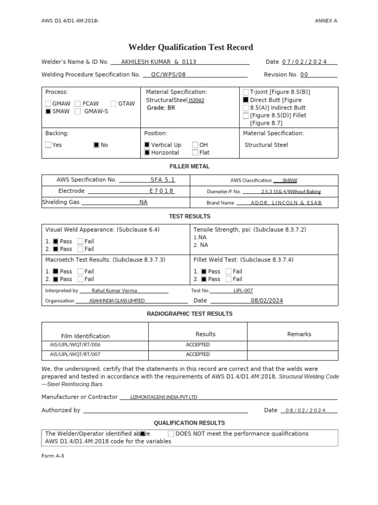 AWS Welder Qualification Test Record | PDF | Welding | Construction