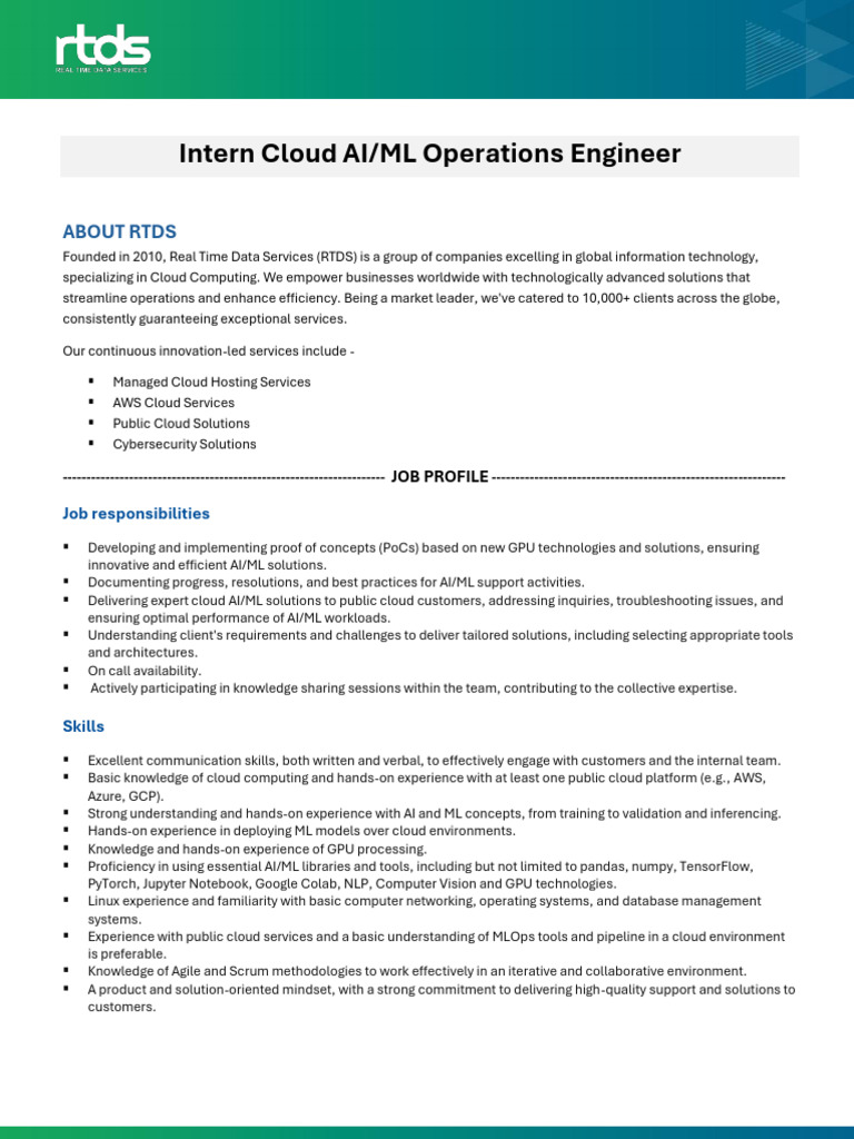 JD - Intern Cloud AIML Operations Engineer - RTDS | PDF | Cloud Computing | Amazon Web Services