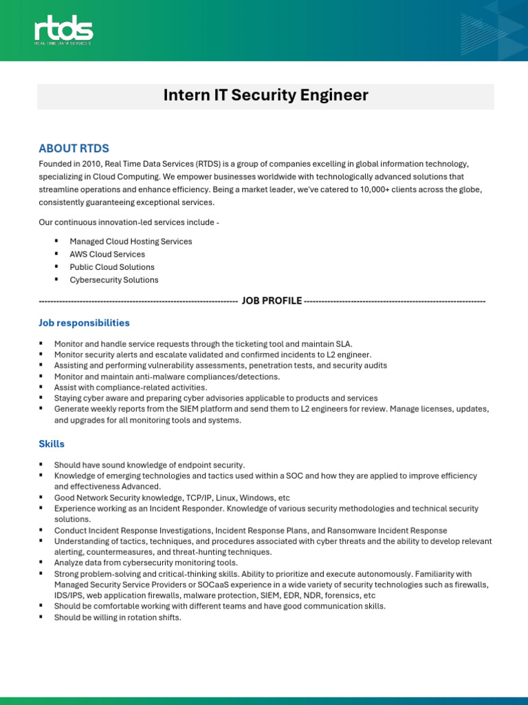JD - Intern IT Security Engineer - RTDS | PDF | Computer Security | Security