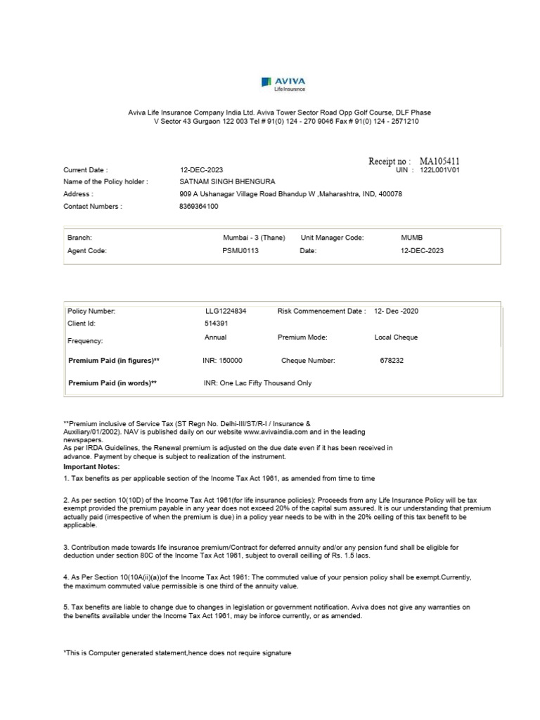 Aviva Receipt 23 | PDF | Insurance | Life Insurance