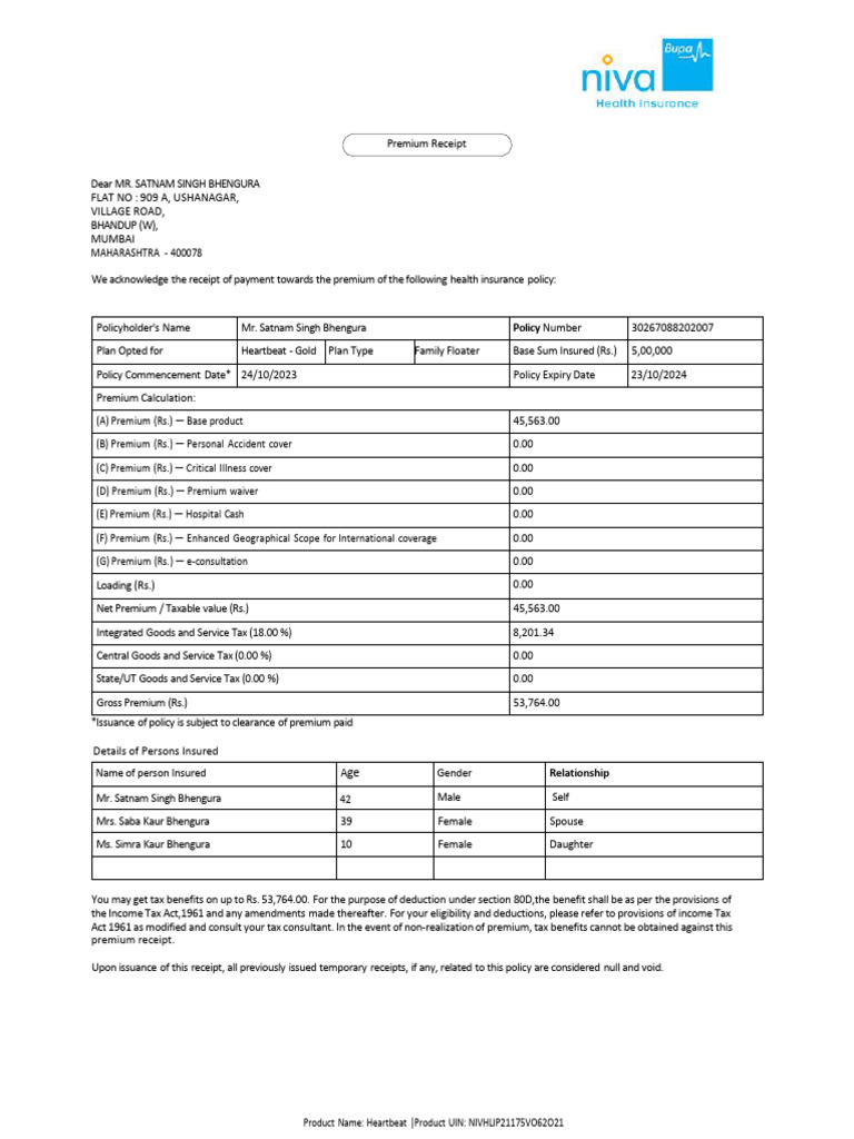 Max Bupa Receipt Self 23 | PDF | Insurance | Tax Deduction
