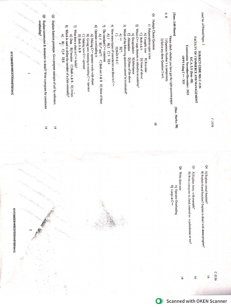 B.C.A. S.Y. Sem III Nov Dec 2023 Opps Using C - XIV | PDF