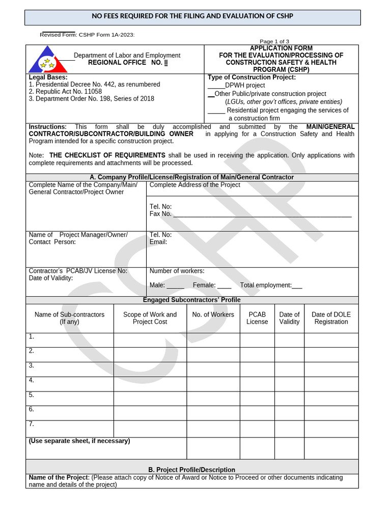 CSHP Application Form (Comprehensive) | PDF | General Contractor ...