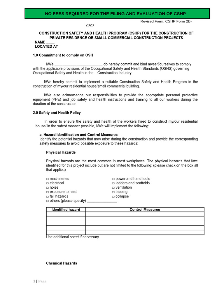 CSHP Template - Simplified | PDF | Occupational Safety And Health | Hazards
