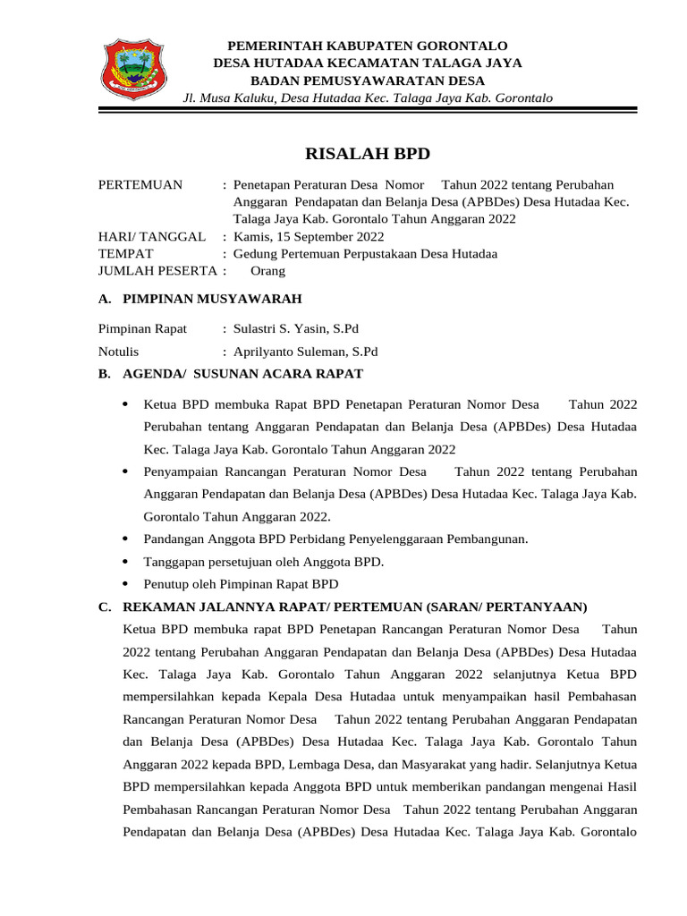 NOTULEN Rapat BPD Penetapan Perubahan APBDes Tahun 2022 | PDF