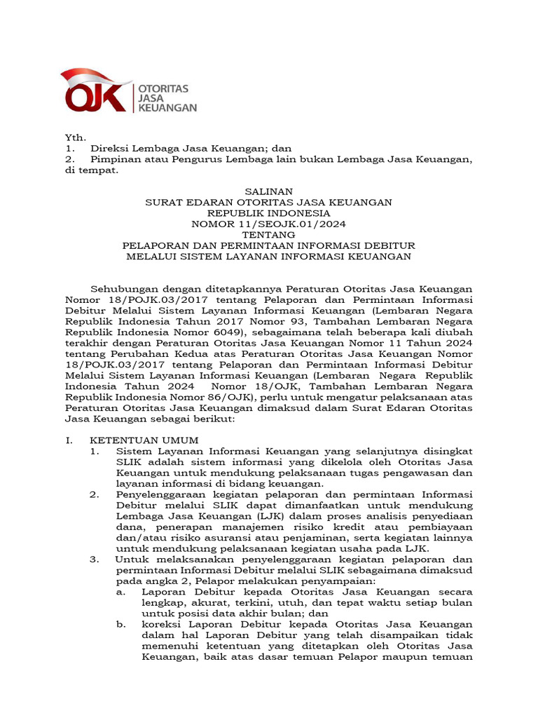 SEOJK 11-SEOJK.01-2024 Pelaporan Dan Permintaan Informasi Debitur ...