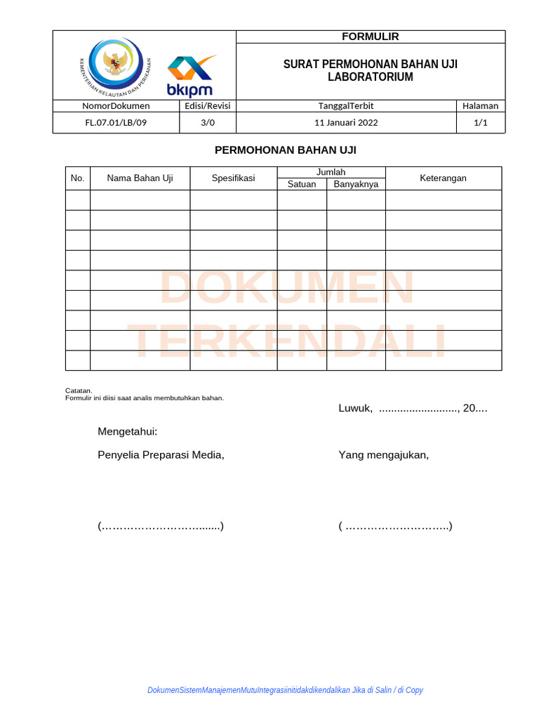 FL.07.01 LB 09 Surat Permintaan Bahan Laboratorium | PDF