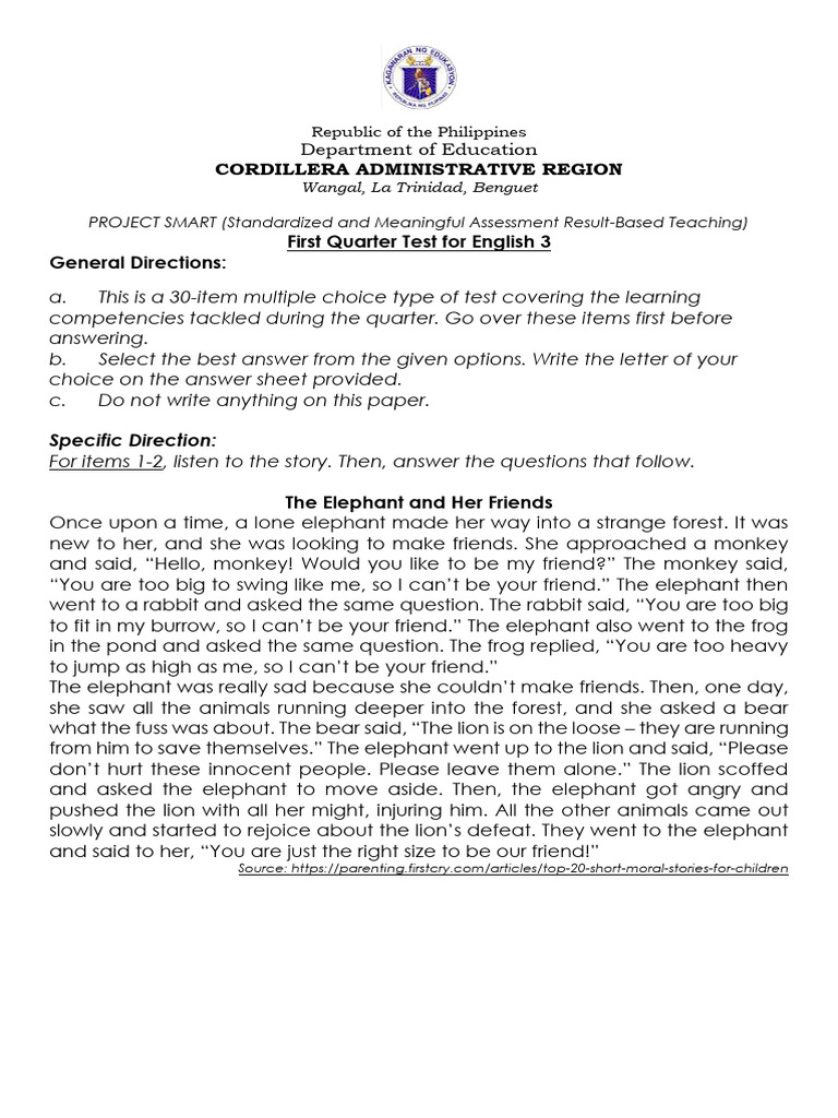 English 3 First Quarter Test Guide | PDF