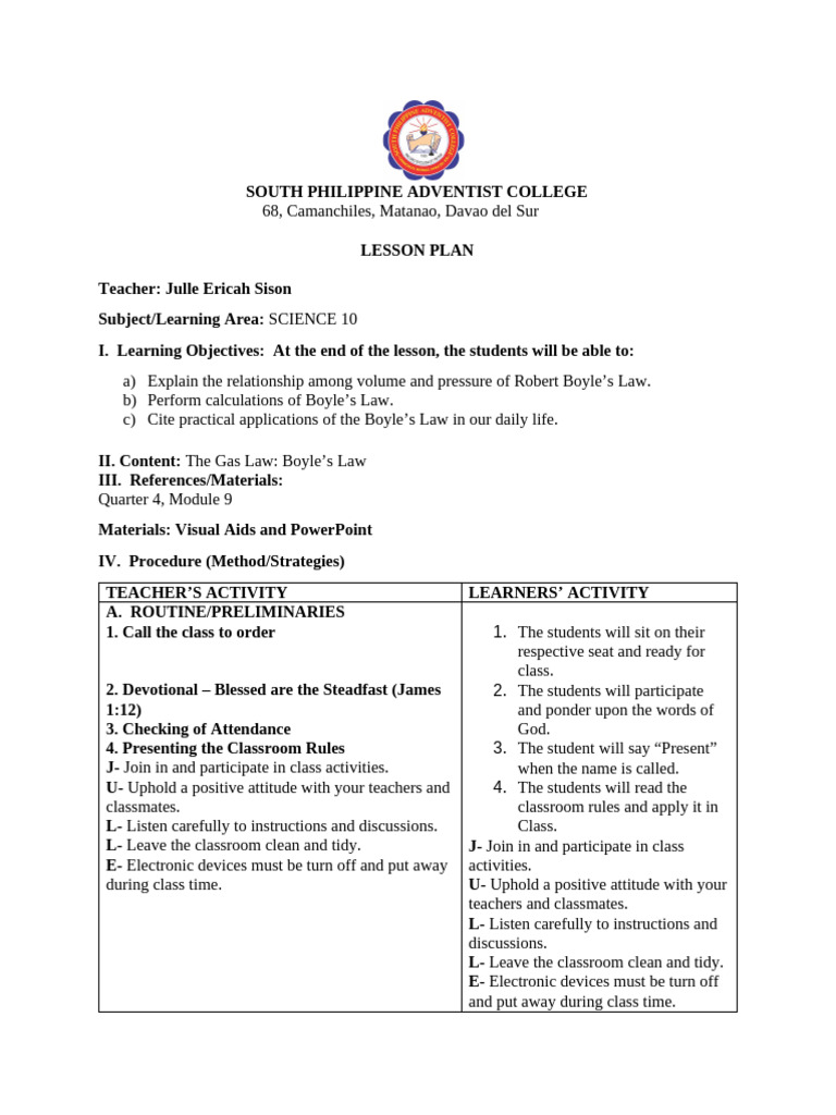 Boyle's Law Lesson Plan for Science 10 | PDF | Atmospheric Pressure | Gases